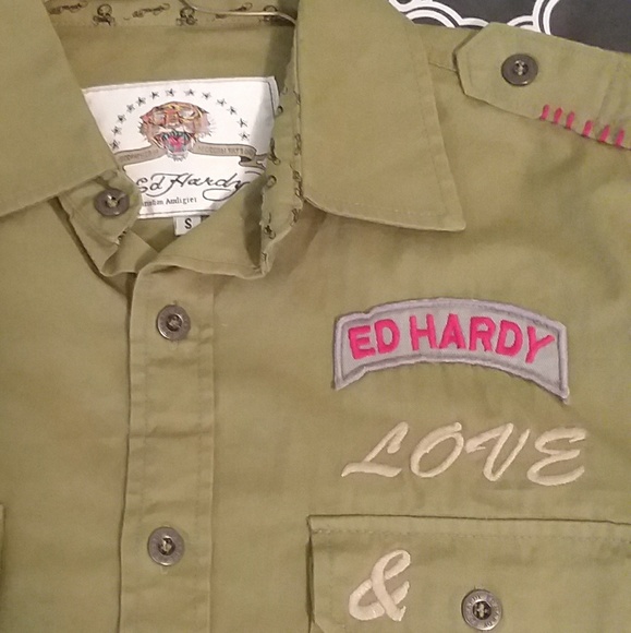 Ed Hardy | Tops | Ed Hardy Army Patches Tiger Button Blouse Shirt Ls ...
